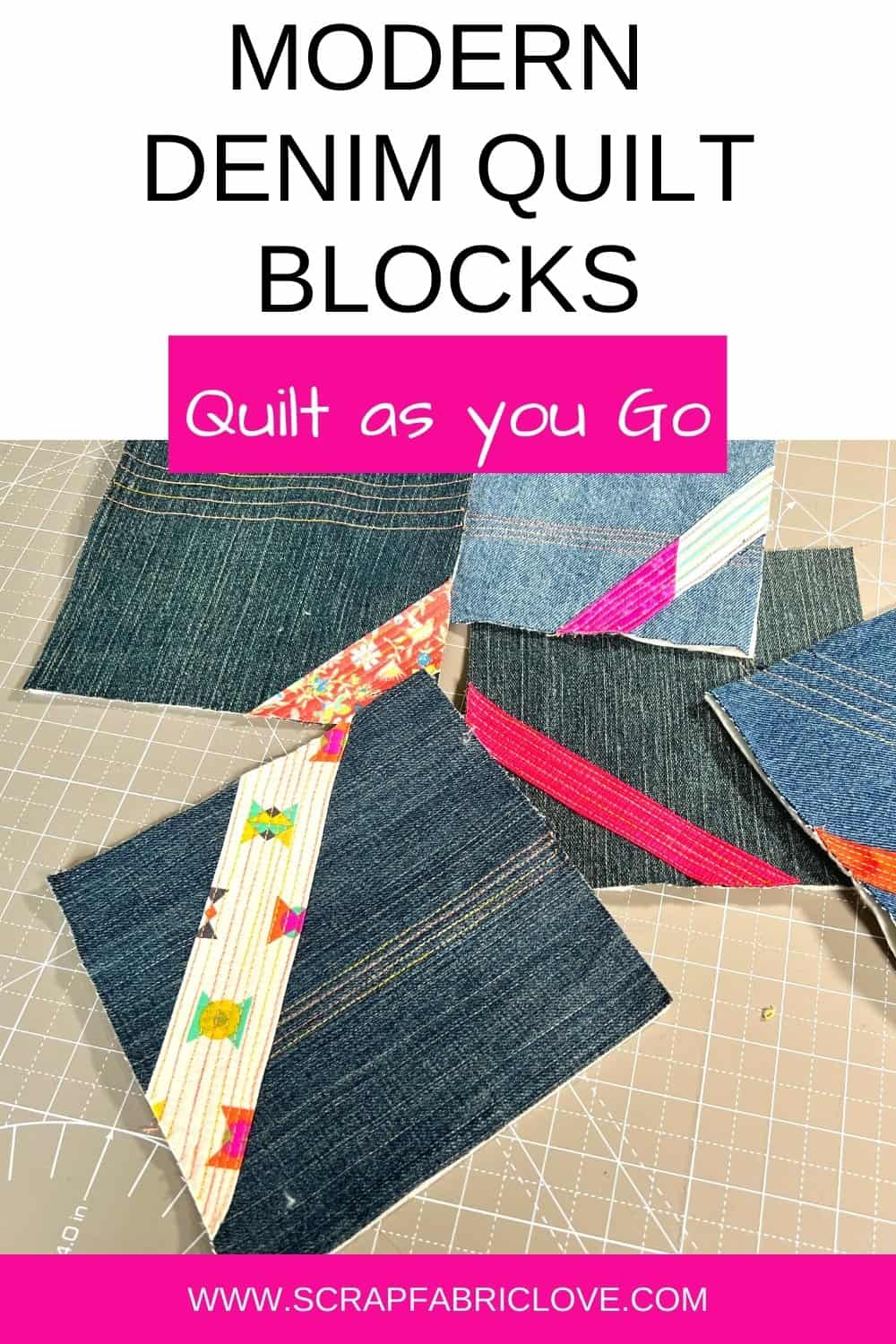 Fun Denim Quilt Blocks (Use your binding scraps for these QAYG Blocks!)