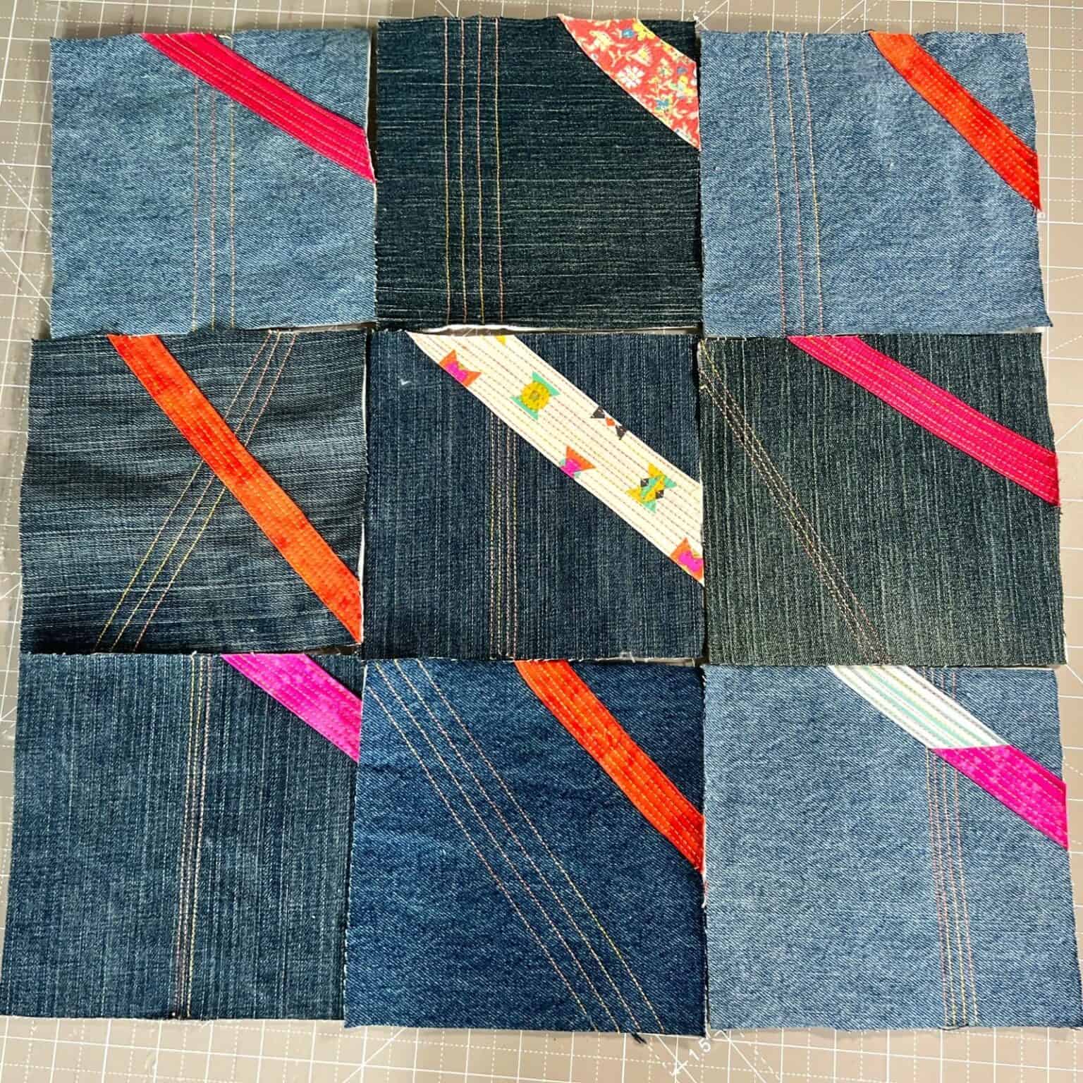 Fun Denim Quilt Blocks (Use your binding scraps for these QAYG Blocks!)